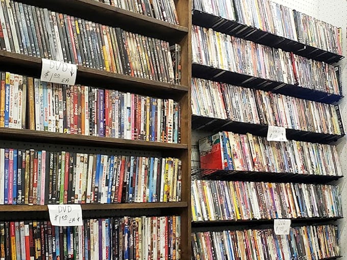 DVD shelves packed tighter than a Hollywood awards show—before streaming made us forget the joy of browsing physical media.