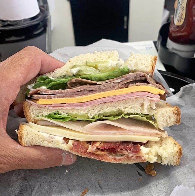 The sandwich equivalent of an architectural marvel—layers of meats and cheeses creating a skyscraper of flavor that requires both hands and possibly a building permit.