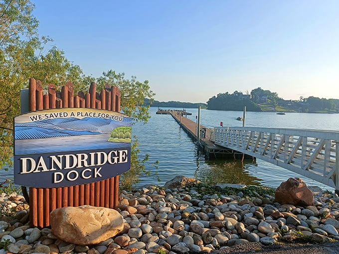 "We Saved A Place For You" isn't just a sign – it's Dandridge's entire philosophy, captured perfectly at this inviting lakeside dock.