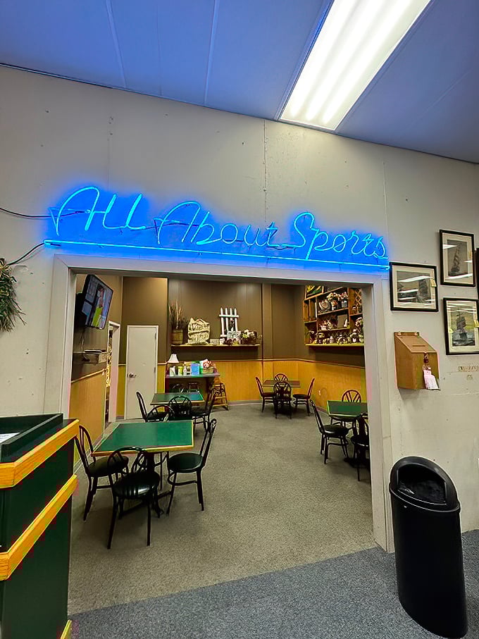 "All About Sports"—where you can rest your treasure-hunting legs while surrounded by memorabilia from games long since played.