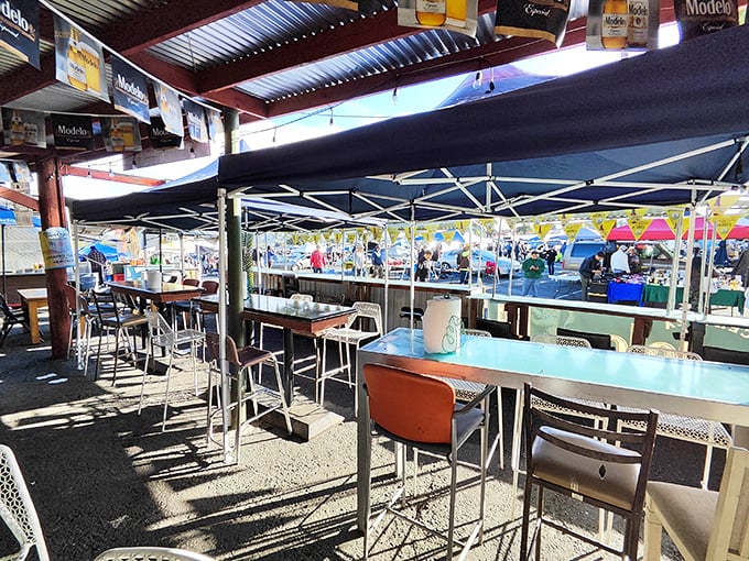 Refuel at the market's food stands where cold beverages and authentic street food provide the energy needed for serious bargain hunting.