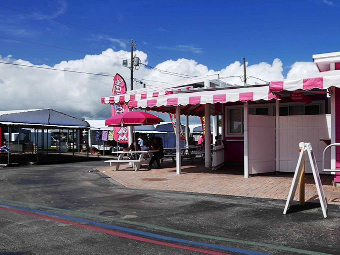 Pink-striped awnings and picnic tables create an impromptu food court where shoppers refuel before diving back into the bargain hunt.