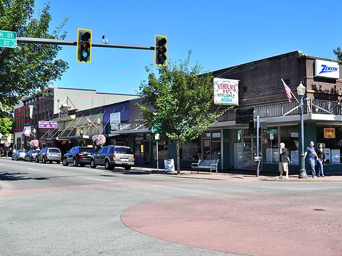 At this downtown intersection, Centralia balances preservation and progress—where traffic lights direct cars past buildings that have witnessed a century of change.