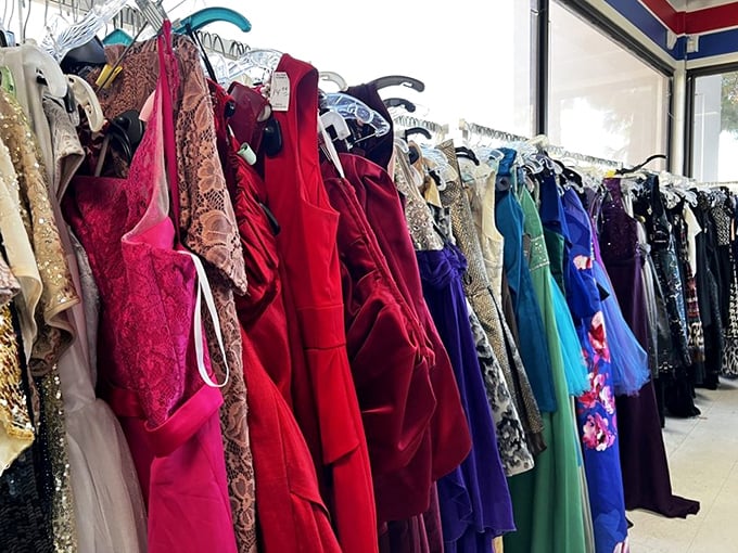 The formal dress section—where prom dreams from decades past await their second chance to shine at your next themed party.