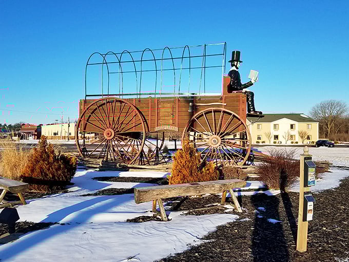 Winter can't diminish this roadside wonder. The snow actually enhances its stark beauty, like a prairie schooner frozen in time.