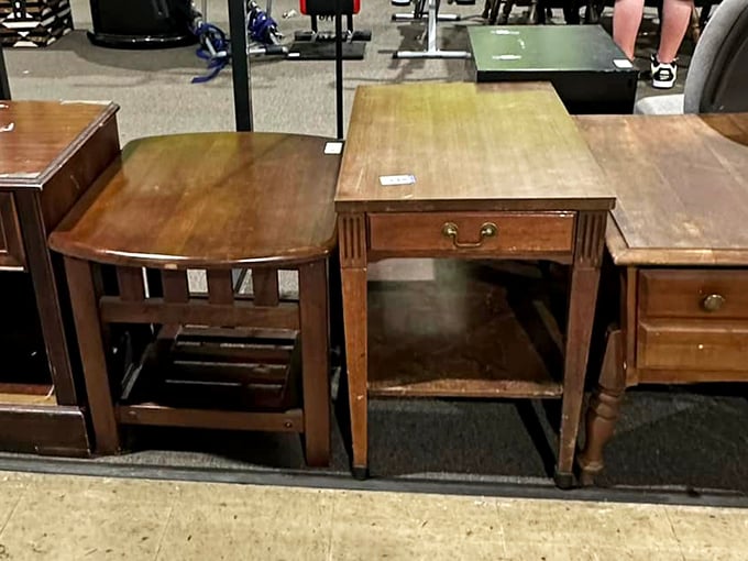 Solid wood end tables with character to spare—furniture from an era when things were built to outlast the mortgage.