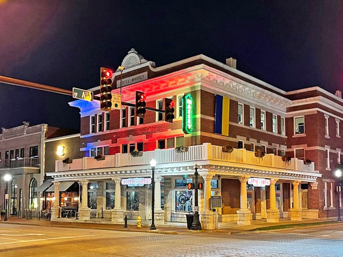 By night, Newport's historic buildings glow with character, proving small-town evenings can sparkle without big-city price tags.