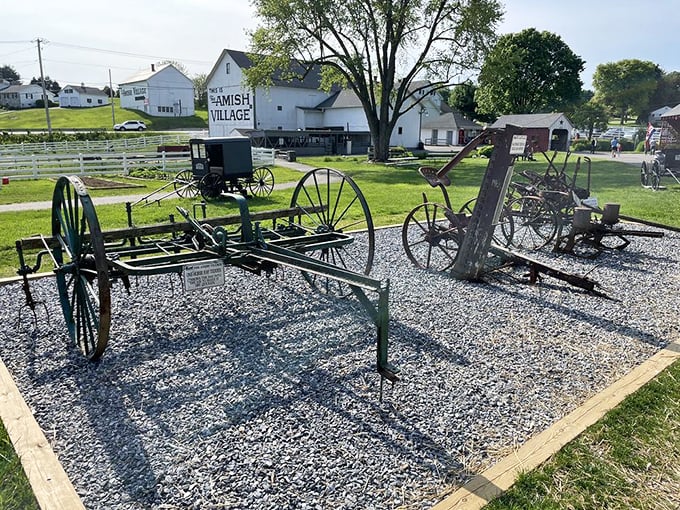 Farm equipment displays tell the story of agricultural innovation without computers—these mechanical marvels operated on muscle power and ingenuity.