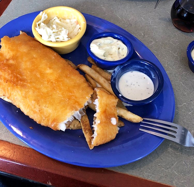 Golden-battered fish with a trio of dipping sauces—because sometimes the best breakfast is actually lunch, especially when it's this perfectly crisp. 