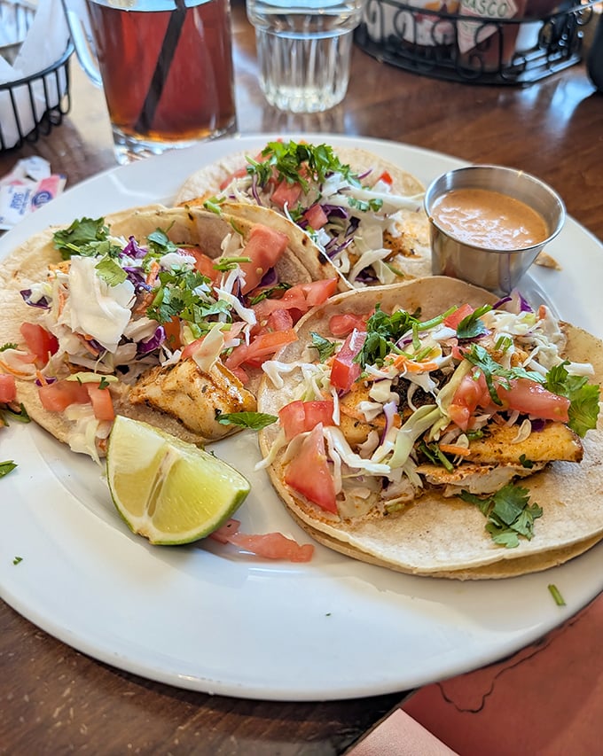 Fish tacos that bring the beach to your taste buds – fresh cabbage, bright tomatoes, and that hint of lime that changes everything.