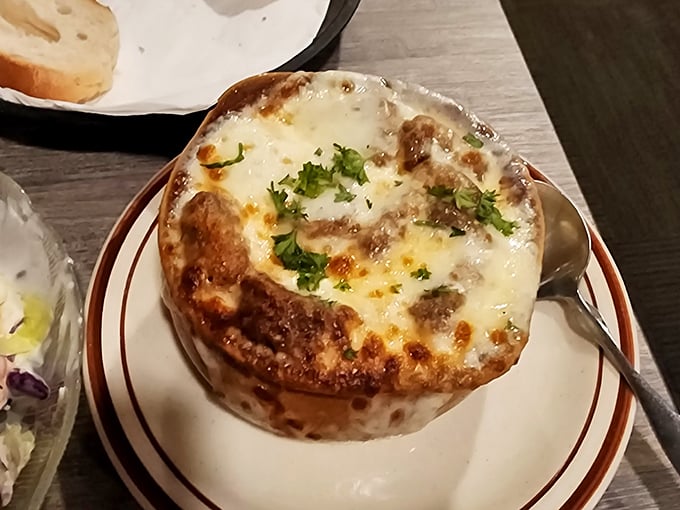 French onion soup that's achieved the perfect cheese-to-broth ratio – the holy grail of soup engineering that warms you from the inside out.