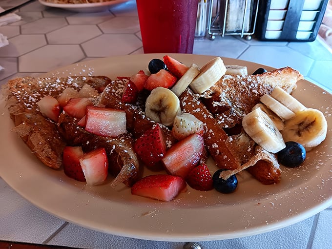 French toast that crosses the line into dessert territory, but nobody's complaining. Fresh fruit makes it practically a health food, right?