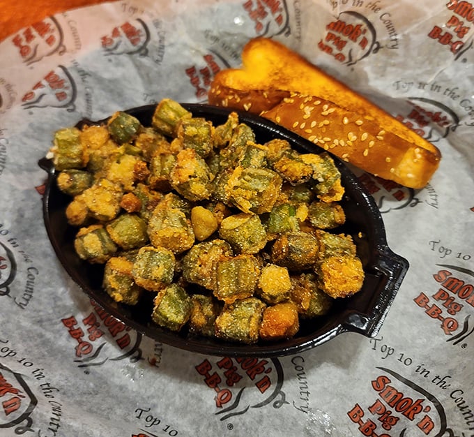 Southern fried okra – where vegetable meets vacation. That cornmeal coating transforms garden produce into something gloriously indulgent.