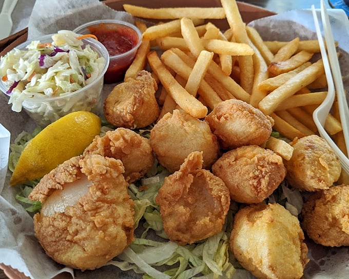 A basket of fried shrimp so perfect it should have its own Florida postcard. Crispy outside, tender inside—nature's perfect design.