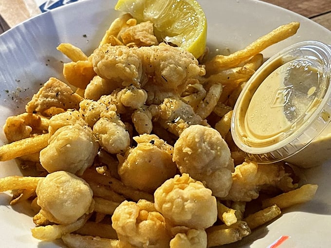 Golden-fried bay scallops nestled among crispy fries—the kind of simple pleasure that makes you question why you ever eat anything else.