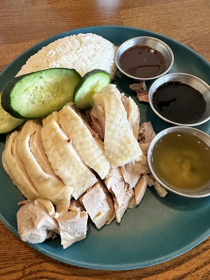 Hainan chicken so perfectly poached it makes you question everything you thought you knew about poultry. Three dipping sauces for three times the joy!