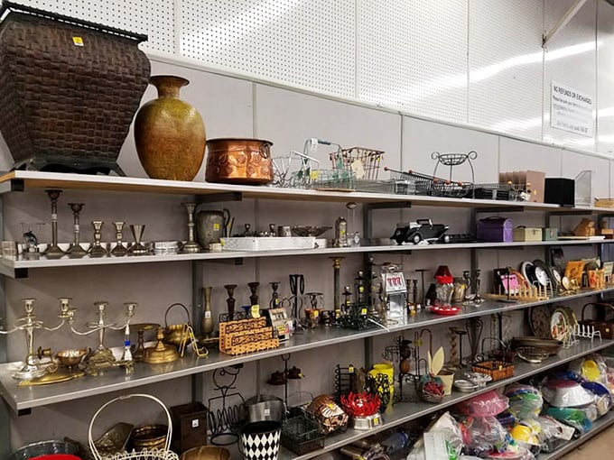 Brass candlesticks, wicker baskets, and vintage vases—the home décor section is where grandma's taste meets your apartment's needs.
