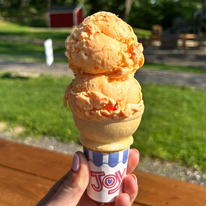 Orange ice cream stacked high in a waffle cone—summer's perfect ambassador and the reason napkins were invented.