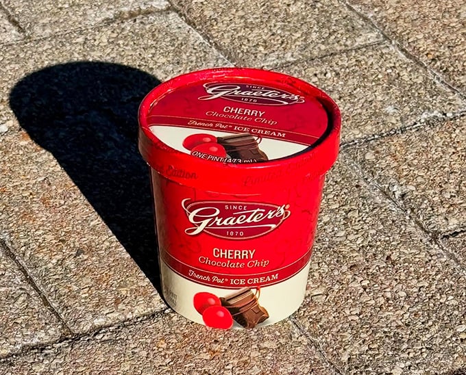 The portable happiness container—Graeter's Cherry Chocolate Chip pint brings Ohio's finest frozen treasure to your freezer door.