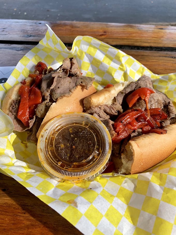 The Italian beef sandwich—Chicago's gift to the sandwich world. Tender meat, sweet peppers, and that magical dipping jus that makes everything better.