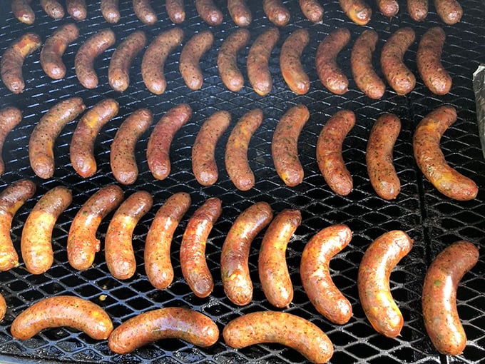 Jalapeño cheddar sausages lined up like soldiers ready for delicious duty. Each link promises a cheesy, spicy snap that's more satisfying than popping bubble wrap.