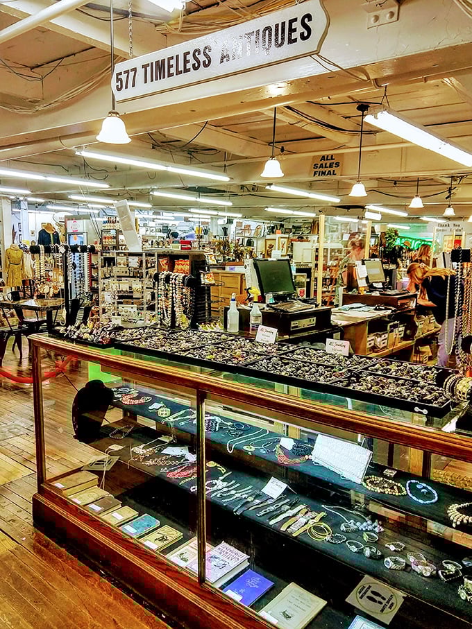 "Timeless Antiques" indeed – where jewelry from bygone eras waits patiently behind glass for its second act. Treasures that whisper tales of previous owners.