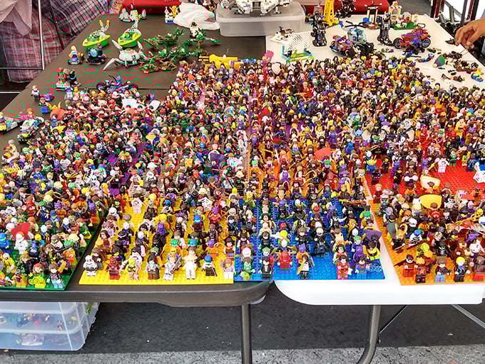 Hundreds of tiny plastic figures organized by color create a collector's paradise that would make any grandkid absolutely lose their mind.