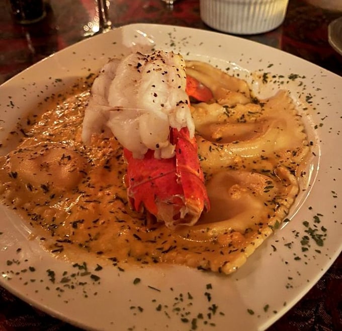 Lobster ravioli that makes you question why you ever ordered anything else, with a lobster tail perched on top like a crown jewel.