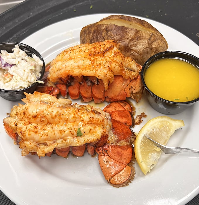 These lobster tails aren't just dinner—they're edible jewelry, perfectly bronzed and served with drawn butter that's practically liquid gold for seafood enthusiasts.