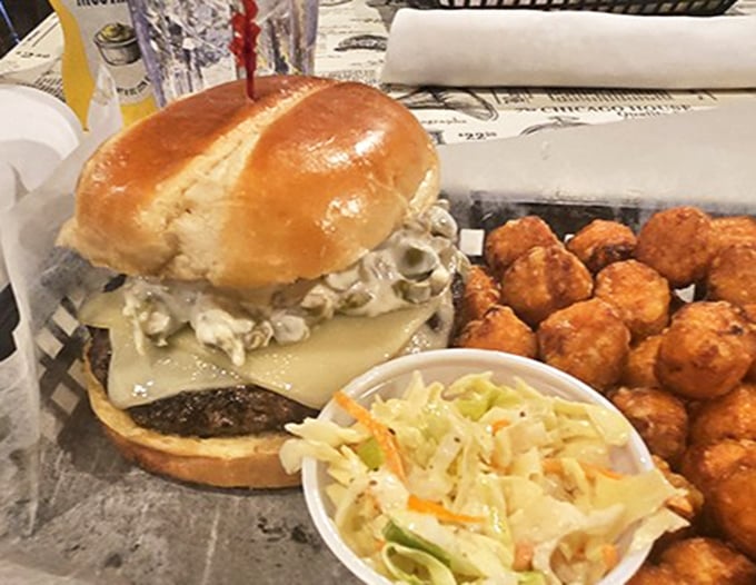 This burger wears its toppings like jewelry, proving that sometimes more really is more in the best way.