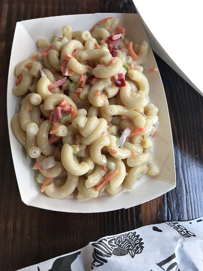 Mac salad that your picnic dreams are made of—tender pasta, crisp vegetables, and a dressing that strikes the perfect balance between creamy and tangy.