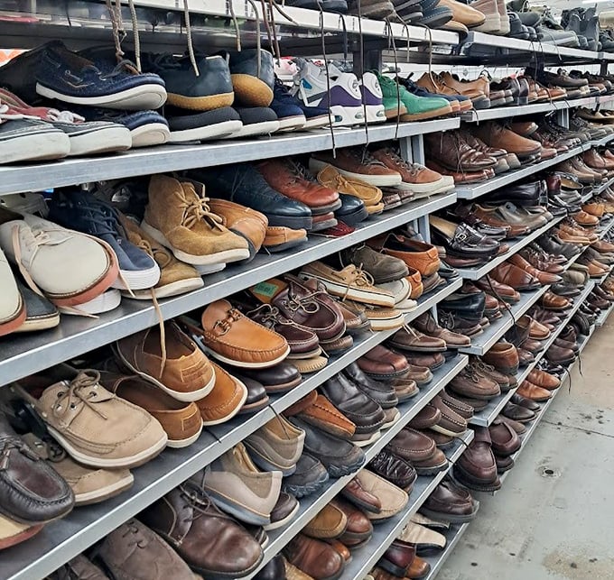 The men's shoe section—a leather landscape where boat shoes, loafers, and desert boots patiently wait for their next adventure.