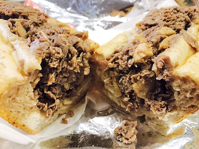 When a cheesesteak meets mushrooms, beautiful things happen. This cross-section reveals the juicy, beefy treasure within that seeded roll.
