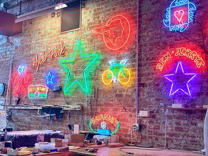 A neon workshop where stars, bicycles, and hearts come to life—like watching the birth of the Vegas Strip in miniature.