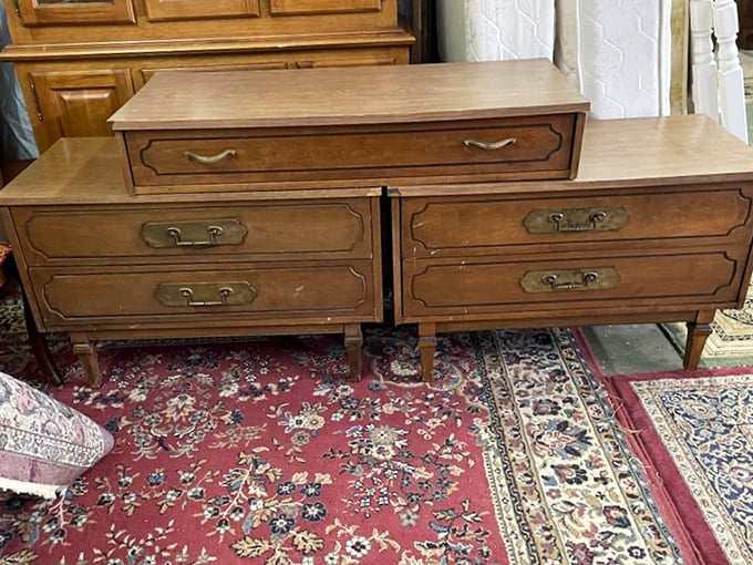 Mid-century nightstands that would make Don Draper nod in approval. Solid wood craftsmanship that's outlasted several presidential administrations.