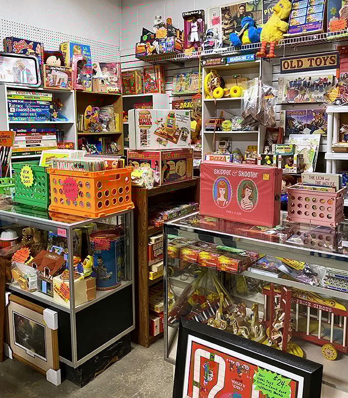 The toy section is childhood nostalgia in concentrated form—Skipper and Skooter lunchboxes that once held PB&Js now hold memories.