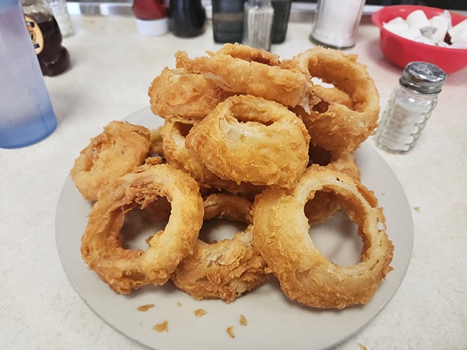 These onion rings aren't just fried—they're golden halos of crunch that make you wonder why vegetables ever bothered growing any other way.