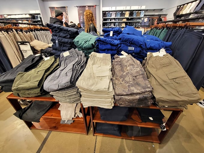 The cargo pants promised land—where tactical meets practical. Every shade of khaki imaginable stands ready for whatever adventure your weekend has planned.