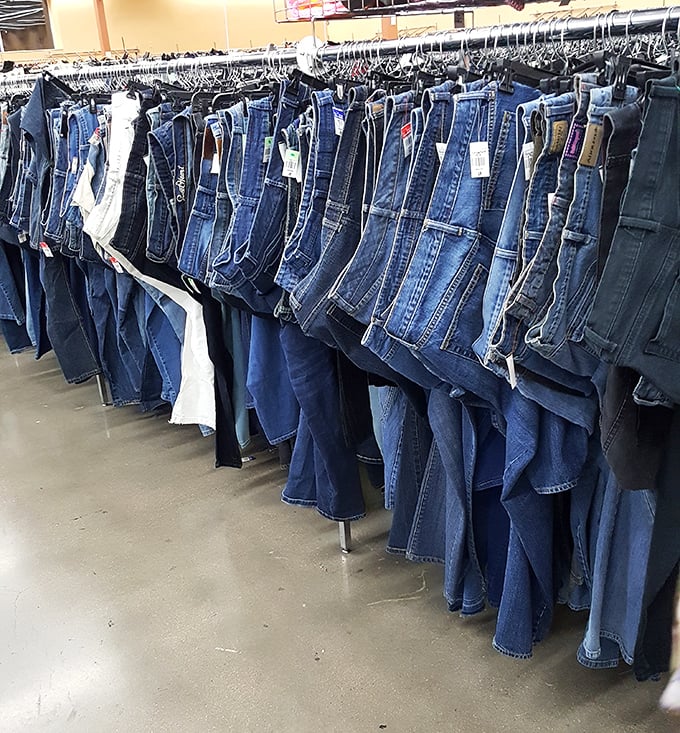 The denim district – where jeans of every era hang like a timeline of American fashion history.