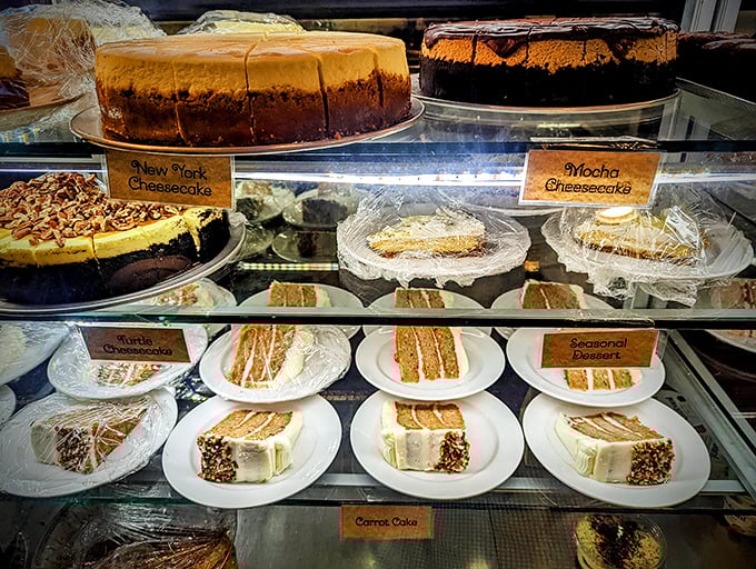 The dessert case: where willpower goes to die a delicious death. New York cheesecake and mocha dreams await your surrender.