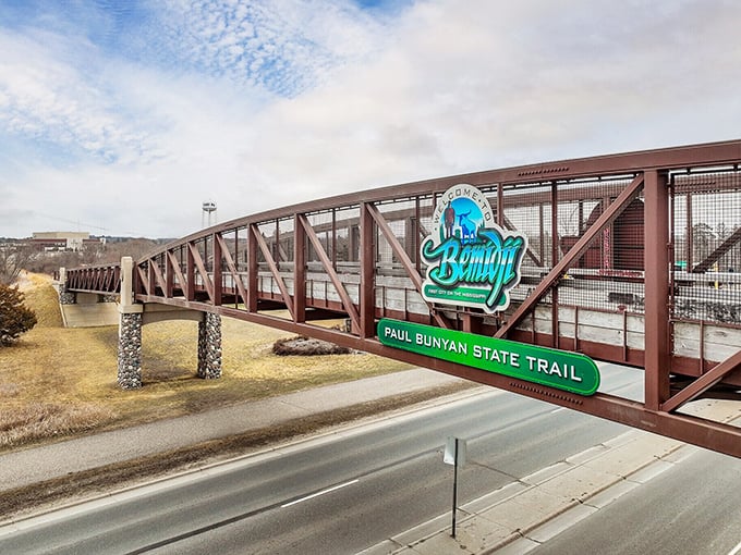 The Paul Bunyan State Trail bridge stands as a monument to outdoor recreation, connecting miles of pathways without a membership fee in sight.