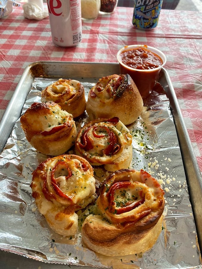 Pepperoni rolls that spiral like the best plot twists in your favorite movie. Each turn reveals more cheese, more sauce, more reasons to order another round.