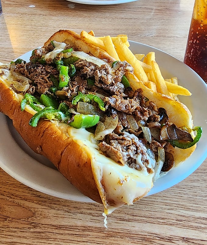 The Philly cheesesteak that would make Philadelphians nod in respect—tender ribeye, peppers, and onions nestled in melted cheese.