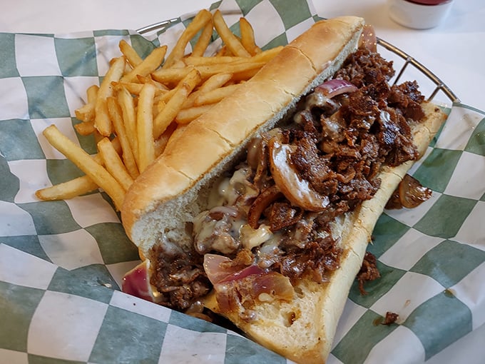 This Philly cheesesteak doesn't apologize for its magnificence – tender shaved beef and melted cheese nestled in a pillowy roll that would make Philadelphia proud.
