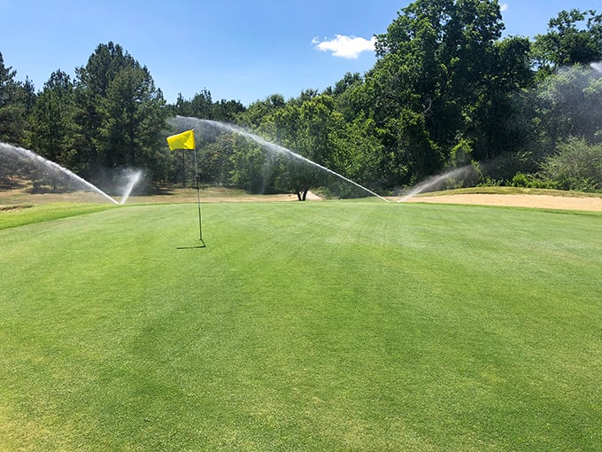 Those sprinklers aren't just watering the green—they're performing a synchronized dance across Pine Hills Country Club's immaculate golf course.