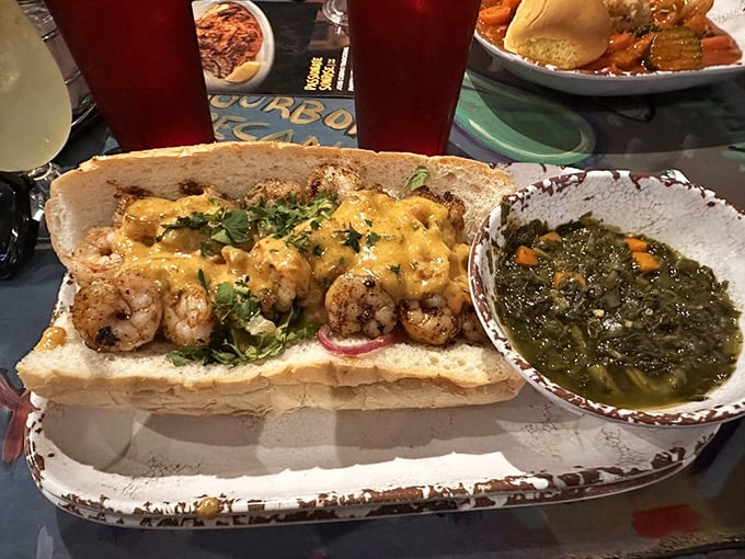 This po'boy isn't poor in any way that matters—it's a wealthy celebration of Gulf shrimp dressed in buttery glory.