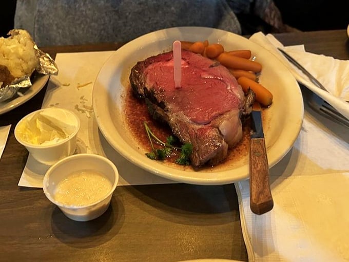 Prime rib so perfectly pink it could make a vegetarian weep. The au jus isn't just a sauce—it's liquid gold that deserves respect and maybe a moment of silence.