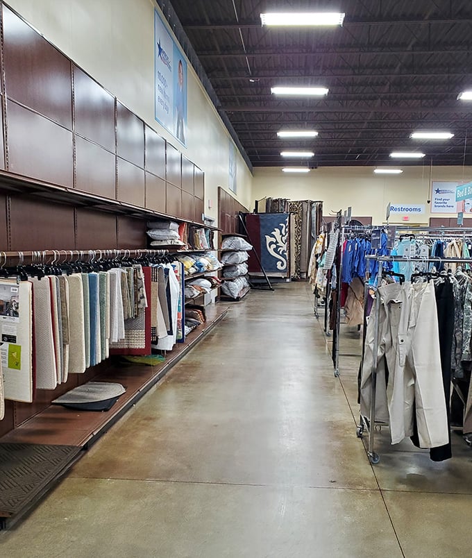 This aisle isn't just clothing—it's a textile museum where yesterday's fashion finds tomorrow's admirers at prices that make everyone smile.