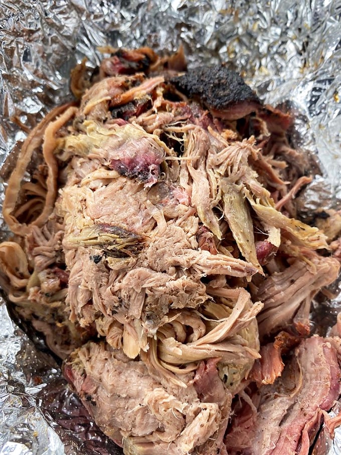 Pulled pork that's had a proper introduction to smoke and time – a relationship that's produced something beautiful in this foil package.