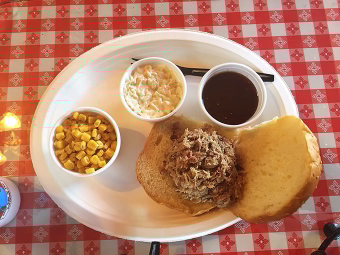 A pulled pork sandwich with all the fixings – because sometimes happiness comes between two pieces of bread.